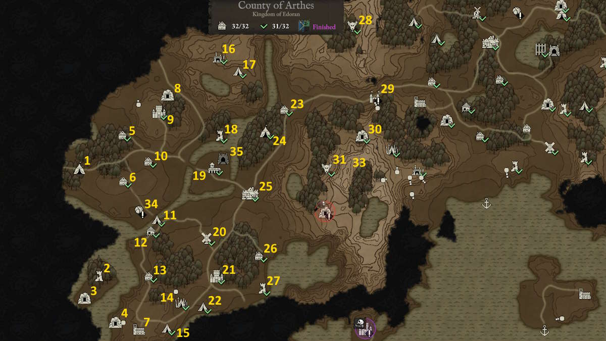 完整的 Wartales 阿瑟斯縣地區地圖和地點指南